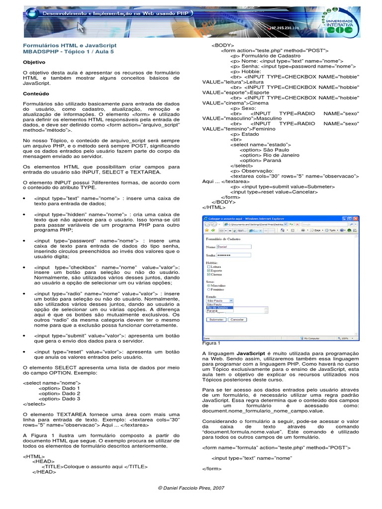 Aula 5 - Formulários HTML e JavaScript | PDF | Script Java | Html