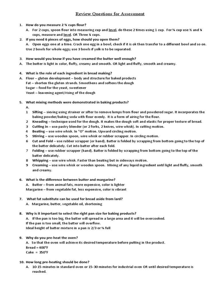Review Questions For Assessment | PDF | Dough | Cakes