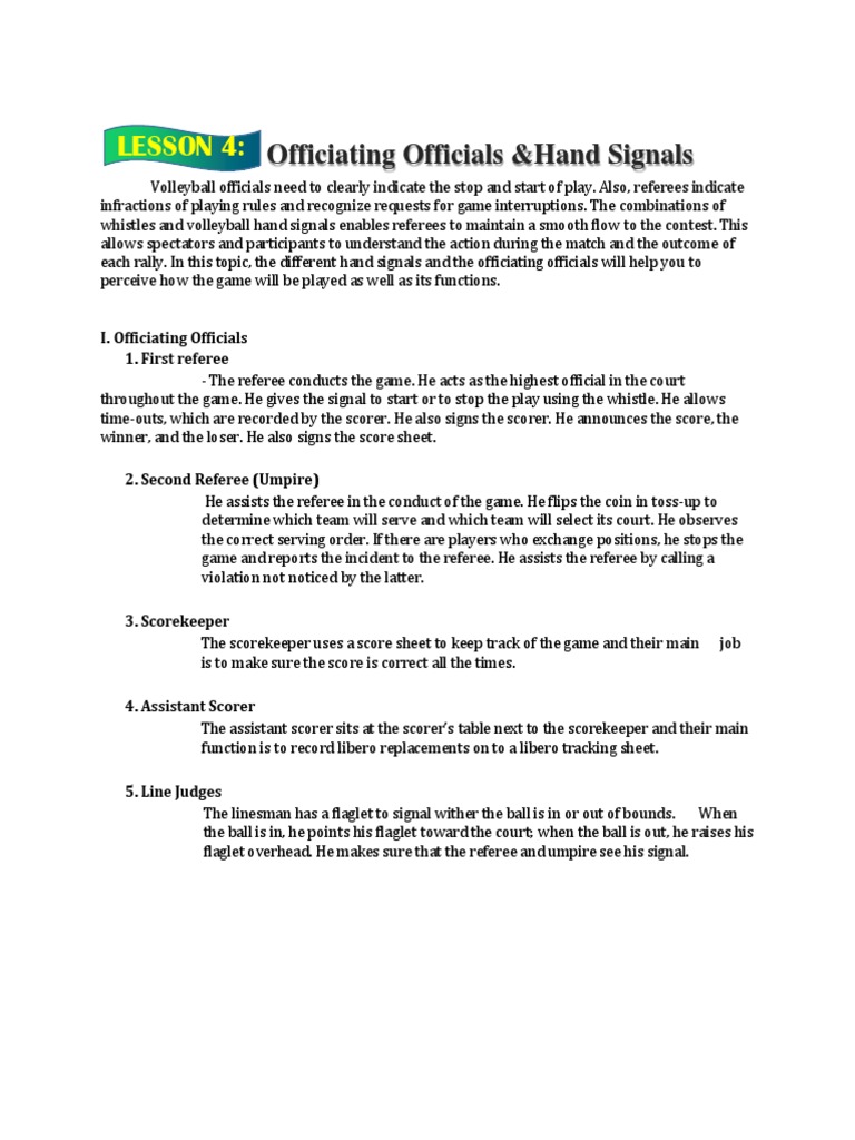 Lesson 4:: Officiating Officials &hand Signals | PDF | Referee | Hand