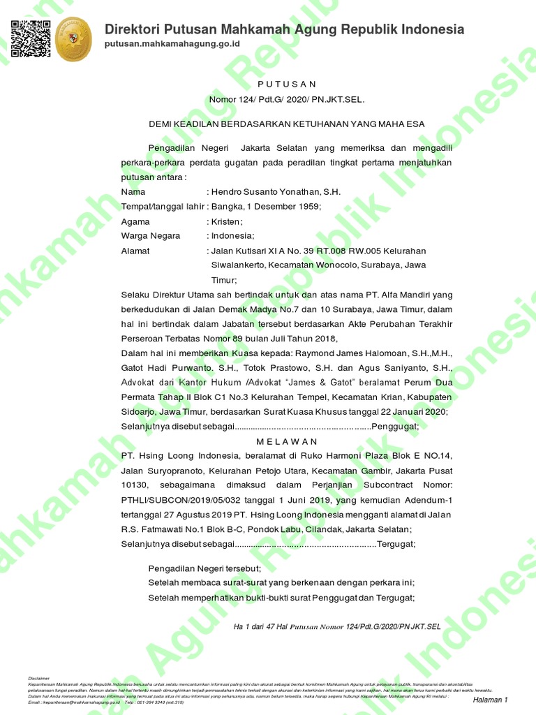 Putusan 124 PDT.G 2020 PN - Jkt.sel. 20220530 | PDF