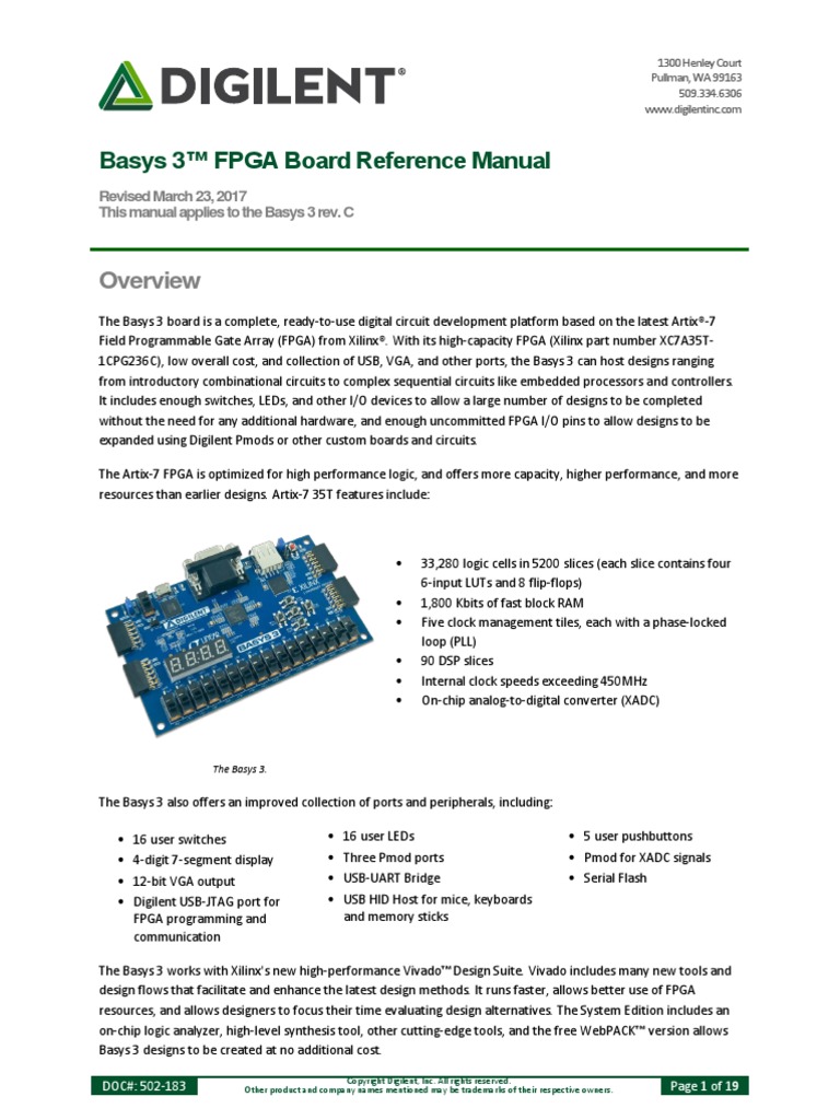 Basys 3 ™ Fpga Board Reference Manual Revised March 23 2017 This Manual Applies To The Basys 3