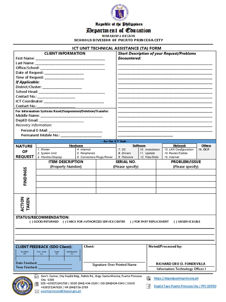 Ict Unit Technical Assistance (Ta) Form: Client Information | PDF ...