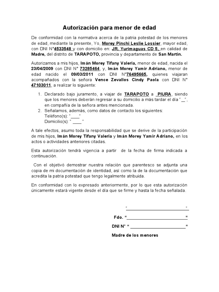 Autorización para Menor de Edad | PDF