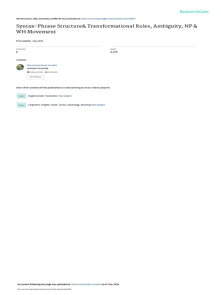 Syntax-Phrase Structure& Transformational Rules, Ambiguity, NP & WH Movement | PDF | Syntax | Phrase