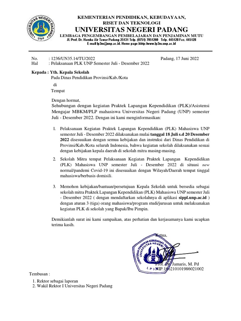 Surat Pengantar PLK Juli - Desember 2022 UNP | PDF