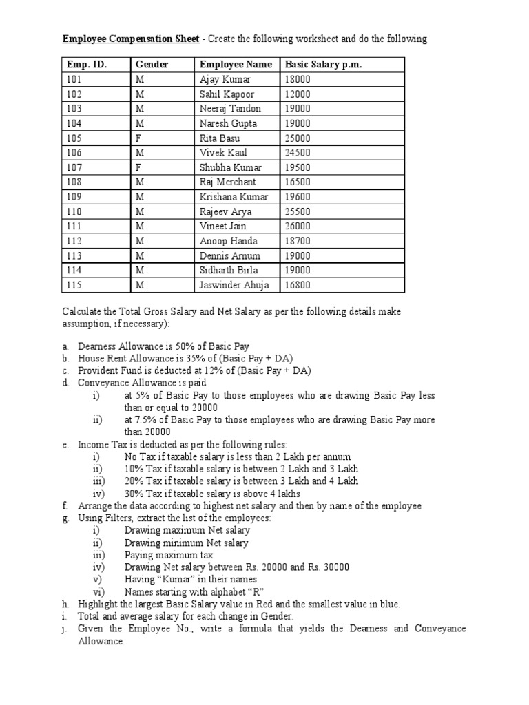 Employee Compensation Sheet - Create The Following Worksheet and Do The ...