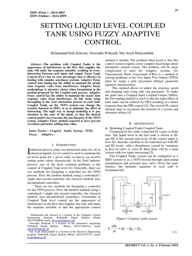 Setting Liquid Level Coupled Tank Using Fuzzy Adaptive Control Pdf Control Theory Fuzzy Logic