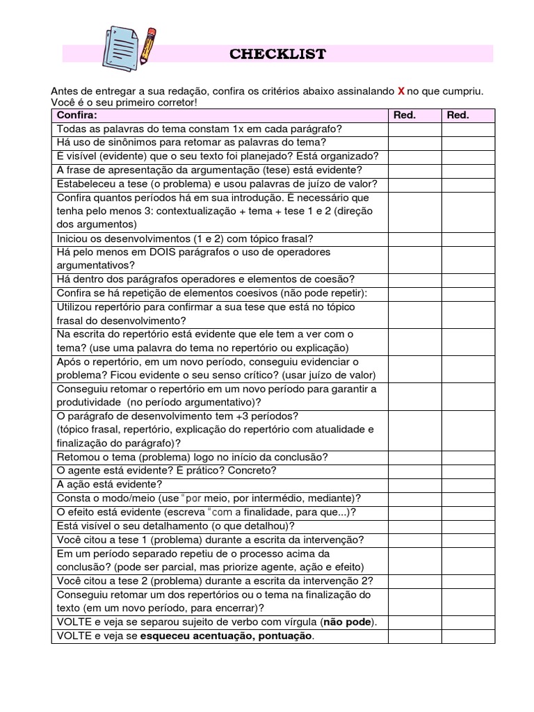 TABELA Checklist Autocorreção Aluno | PDF