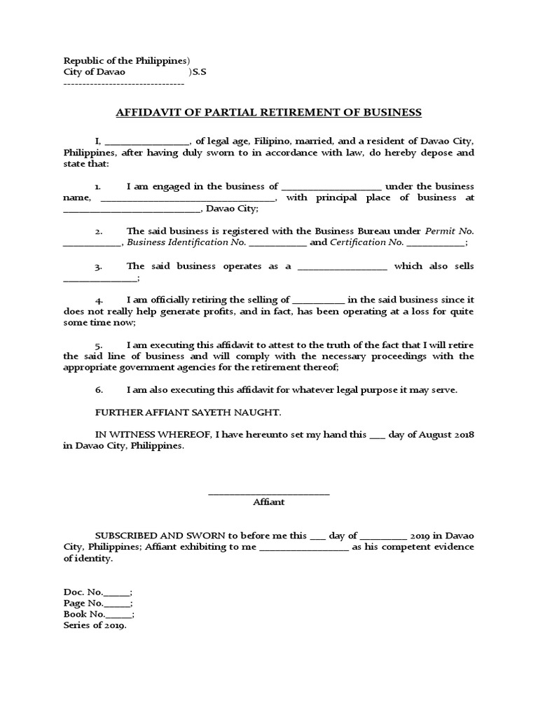 Sample Affidavit of Partial Retirement of Business | PDF