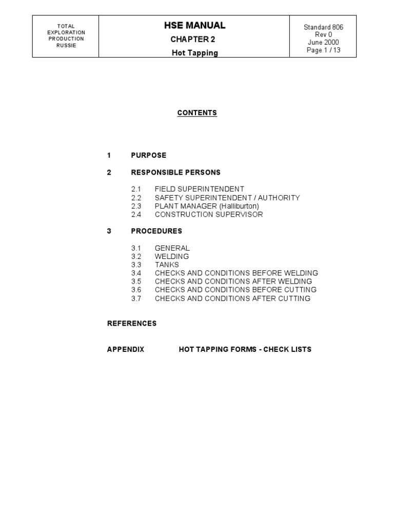 Hse Manual: Hot Tapping | PDF | Welding | Construction