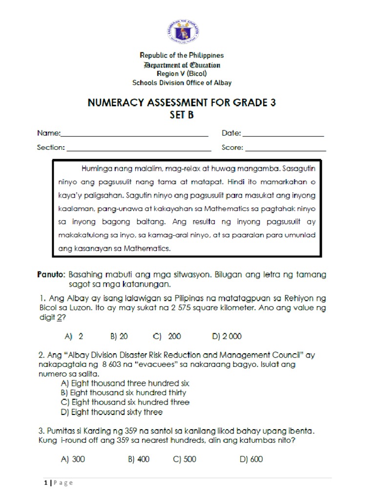 Numeracy Assessment Tool Grade 3 | PDF | Foreign Language Studies