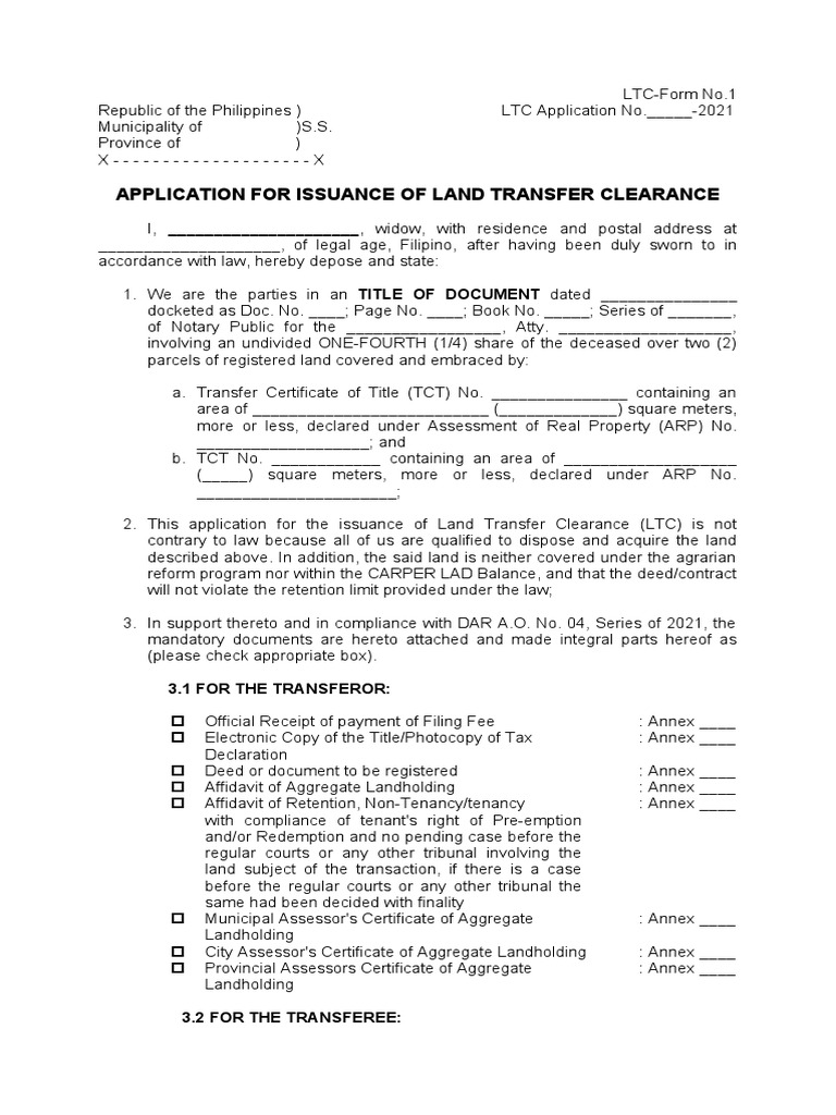 Application For Land Transfer Certificate SAMPLE FORM | PDF | Affidavit ...