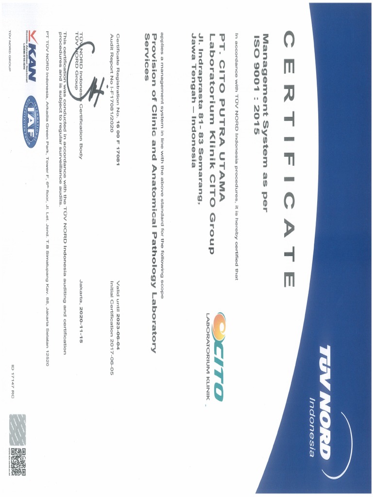 Sertifikat Akreditasi - Lab Cito 2020 - Copy Cert - Q | PDF