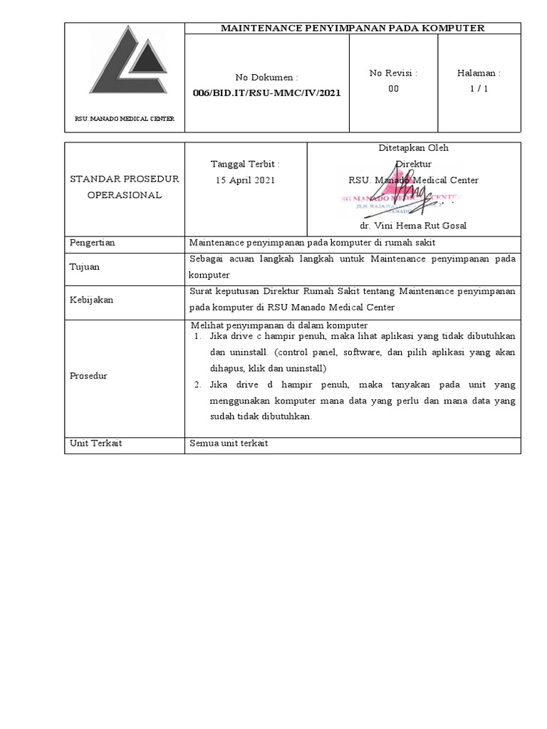006 - Sop Maintenance Penyimpanan Pada Komputer | PDF | Teknologi & Rekayasa