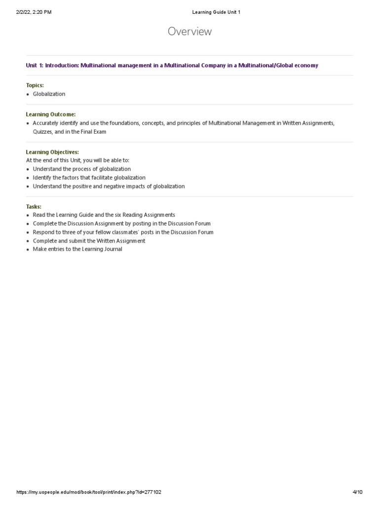 BUS 2207 - Multinational Management Unit 1 Learning Guide | PDF | Globalization | Multinational ...