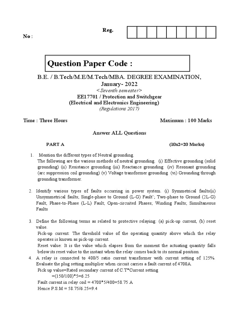 Answer Key EE19601 PROTECTION AND SWITCHGEAR END SEM QP | PDF | Transformer | Relay