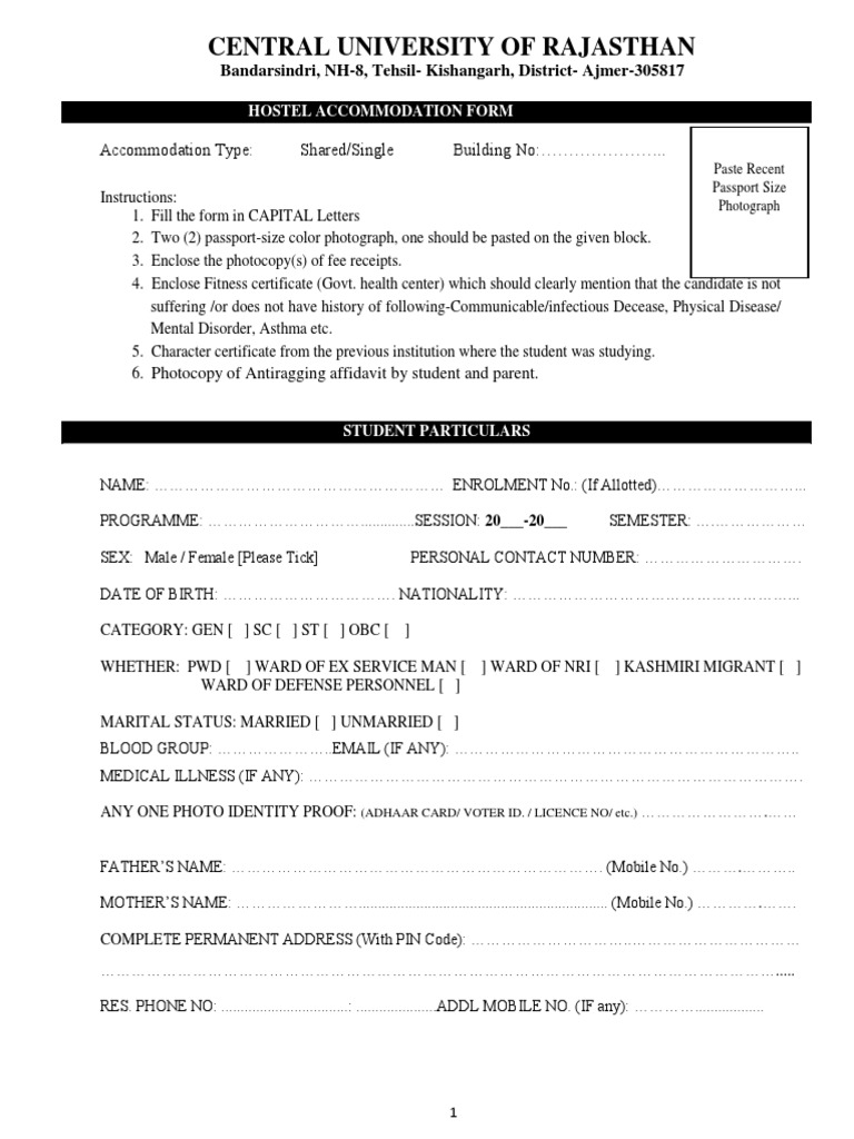 Hostel Accommodation form- 2022-23 | PDF