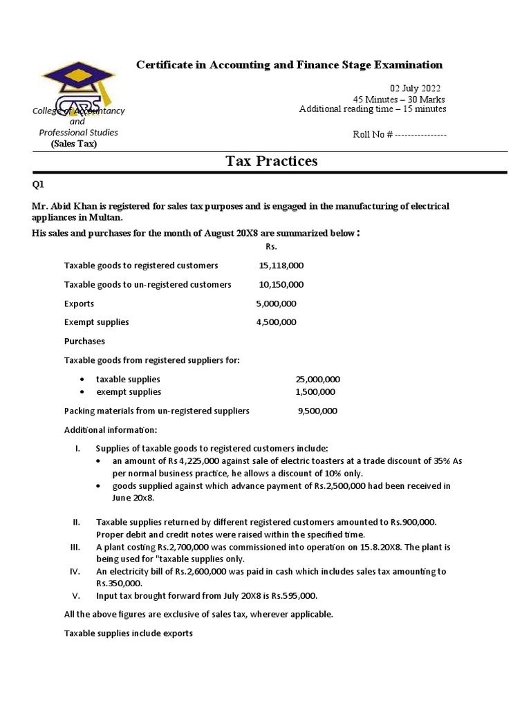 Tax Practices: Certificate in Accounting and Finance Stage Examination ...