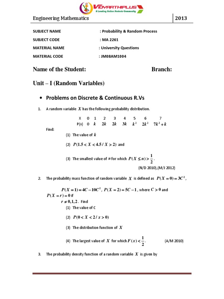 Name of The Student: Branch: Unit - I (Random Variables) Problems On ...