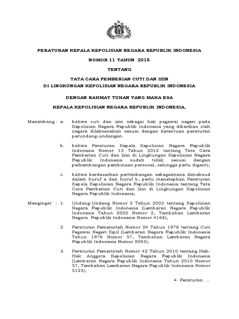 Perkap 11 TH 2015 TTG Tata Cara Pemberian Izin Dan Cuti | PDF