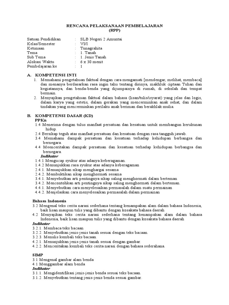 RPP Kelas 6c Tunagrahita Tema 1 Subtema 1 (Sfile | PDF | Seni & Disiplin Bahasa