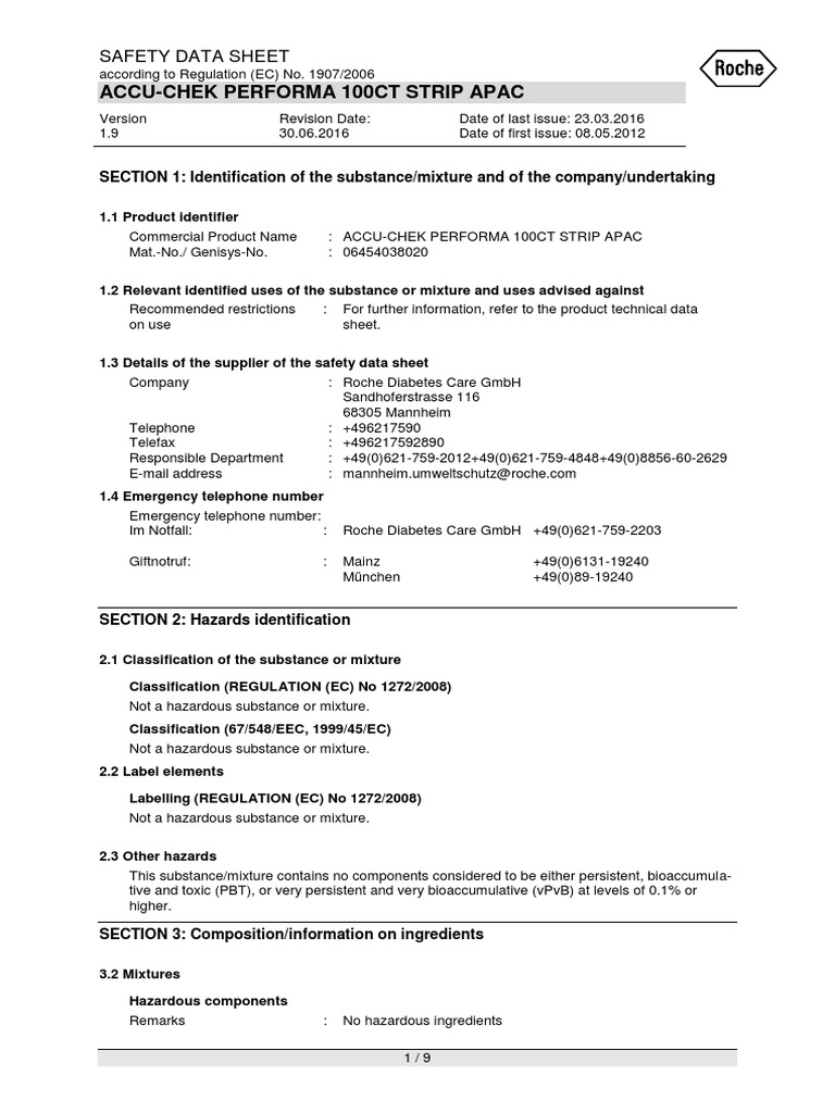 Accu-Chek Performa 100Ct Strip Apac: Safety Data Sheet | PDF ...