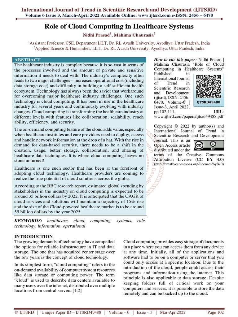 Role Of Cloud Computing In Healthcare Systems Pdf Cloud Computing Electronic Health Record