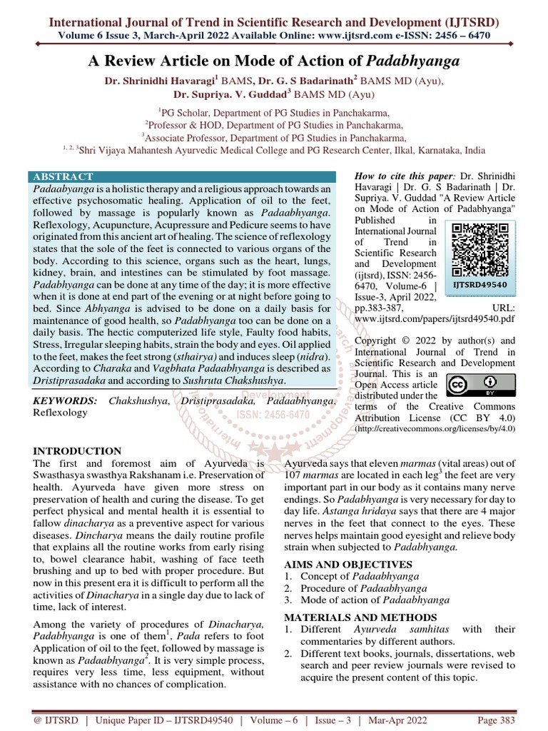 A Review Article On Mode of Action of Padabhyanga | PDF | Hand | Ayurveda
