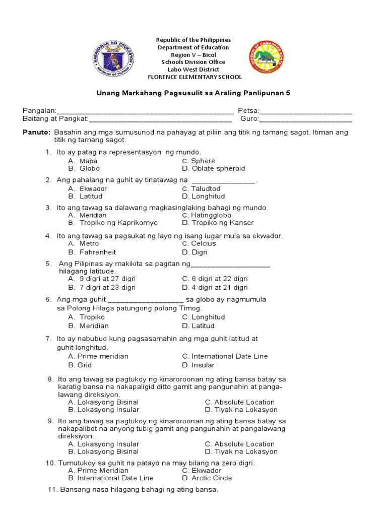 Araling Panlipunan 2 Test Paper | PDF