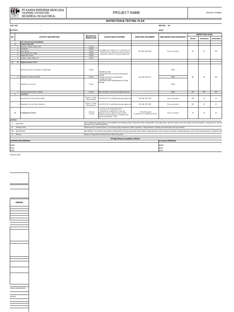 ITP - Fire Alarm System Installation | PDF | Pipe (Fluid Conveyance)