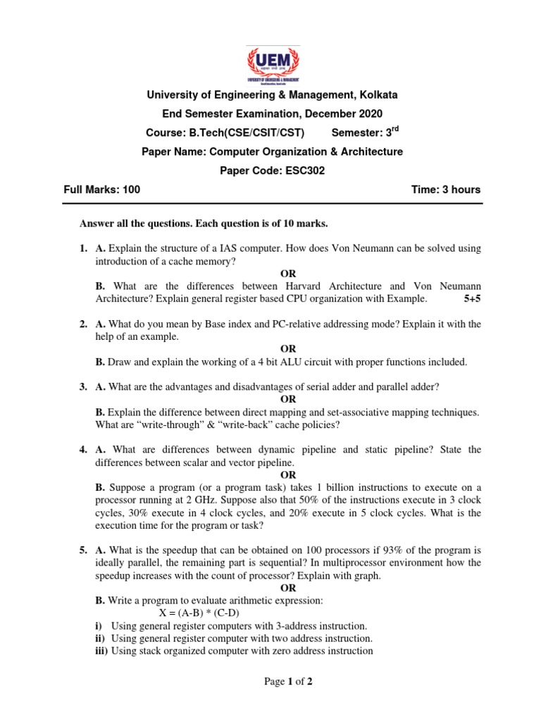 COA Question Paper | PDF | Central Processing Unit | Cpu Cache