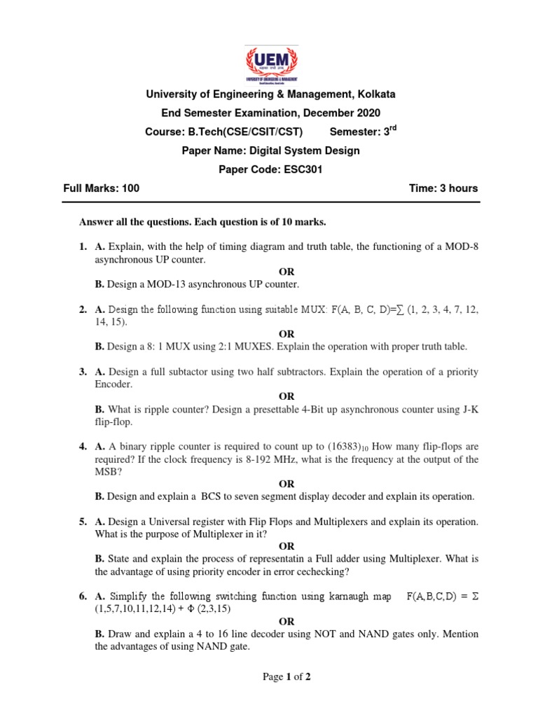 Digital System Design Exam Paper 2020 | PDF | Electrical Engineering ...