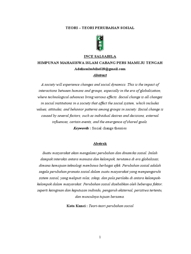 Teori-Teori Perubahan Sosial LK2 HMI CABANG PALU TAHUN 2022 | PDF