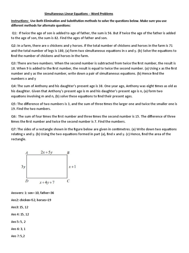 Simultaneous Linear Equations Worksheet | PDF