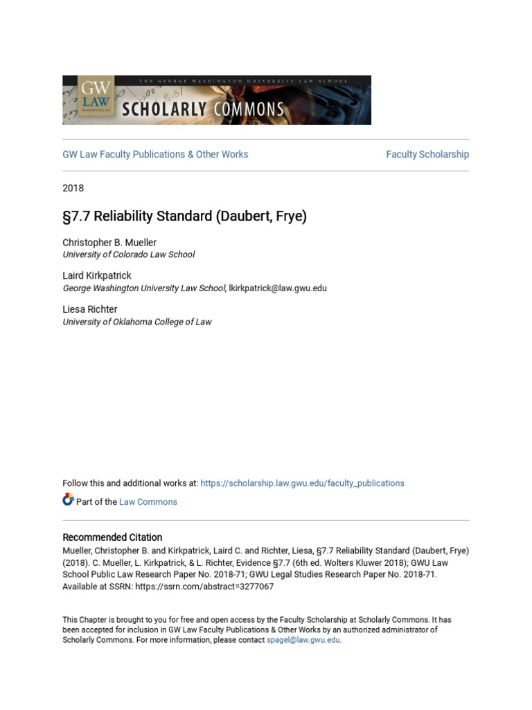 Analysis of the Reliability Standard for Expert Testimony Established ...