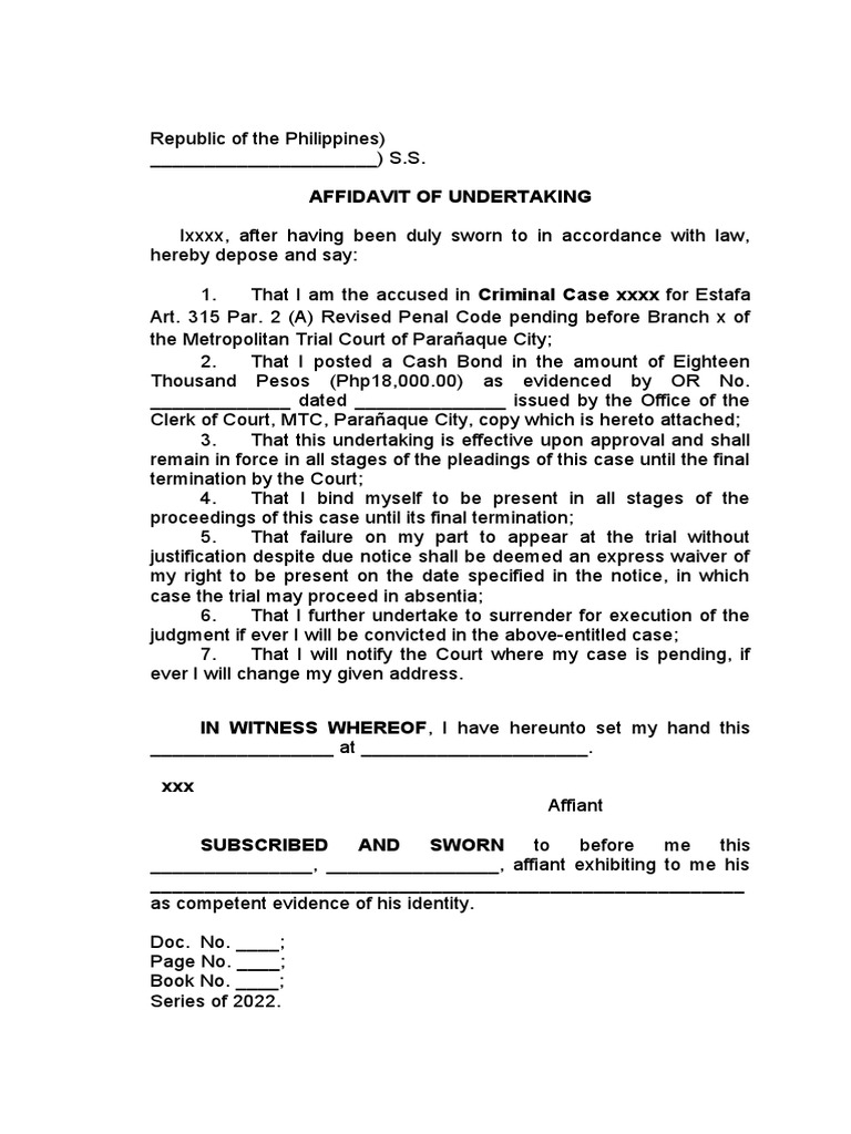 Affidavit of Undertaking for Estafa Case | PDF | Law