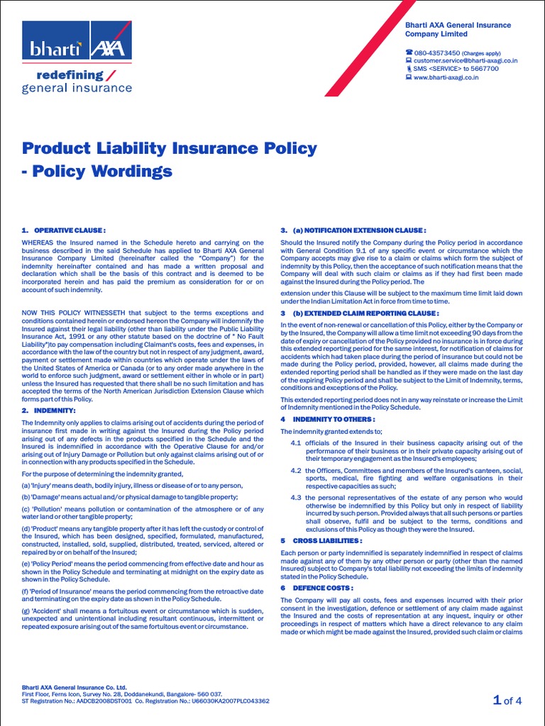 Product Liability Insurance Policy - Policy Wordings: 1. Operative ...