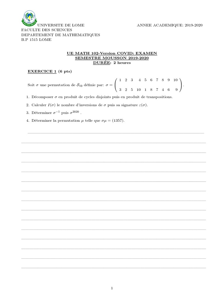 MTH102 Examen | PDF | Permutation | Fonctionnalités et modélisations