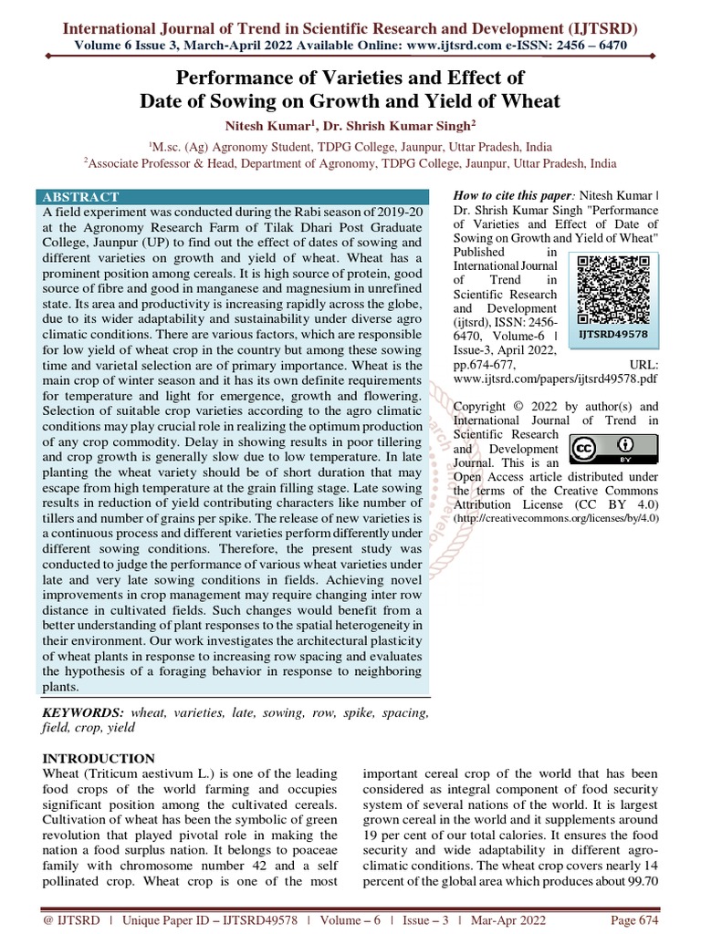 Performance Of Varieties And Effect Of Date Of Sowing On Growth And Yield Of Wheat Pdf Wheat