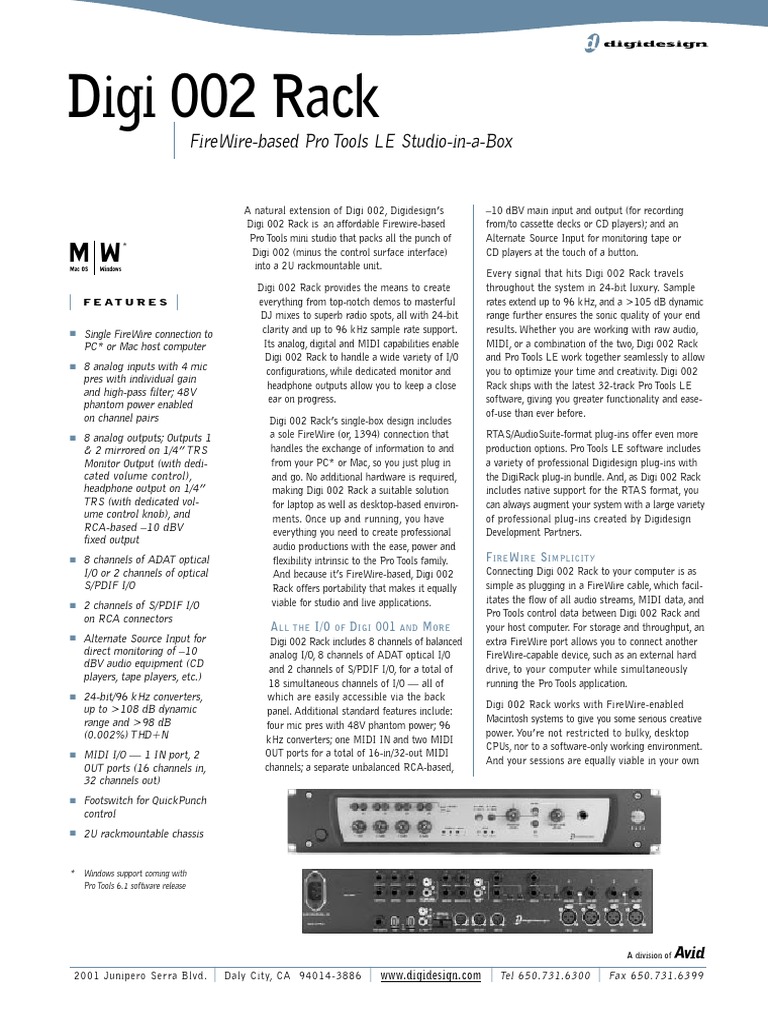 Digi 002 Rack: Firewire-Based Pro Tools Le Studio-In-A-Box | PDF ...
