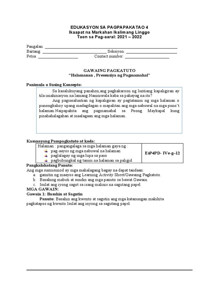 Learning Activity Sheet in ESP IV Q4 | PDF
