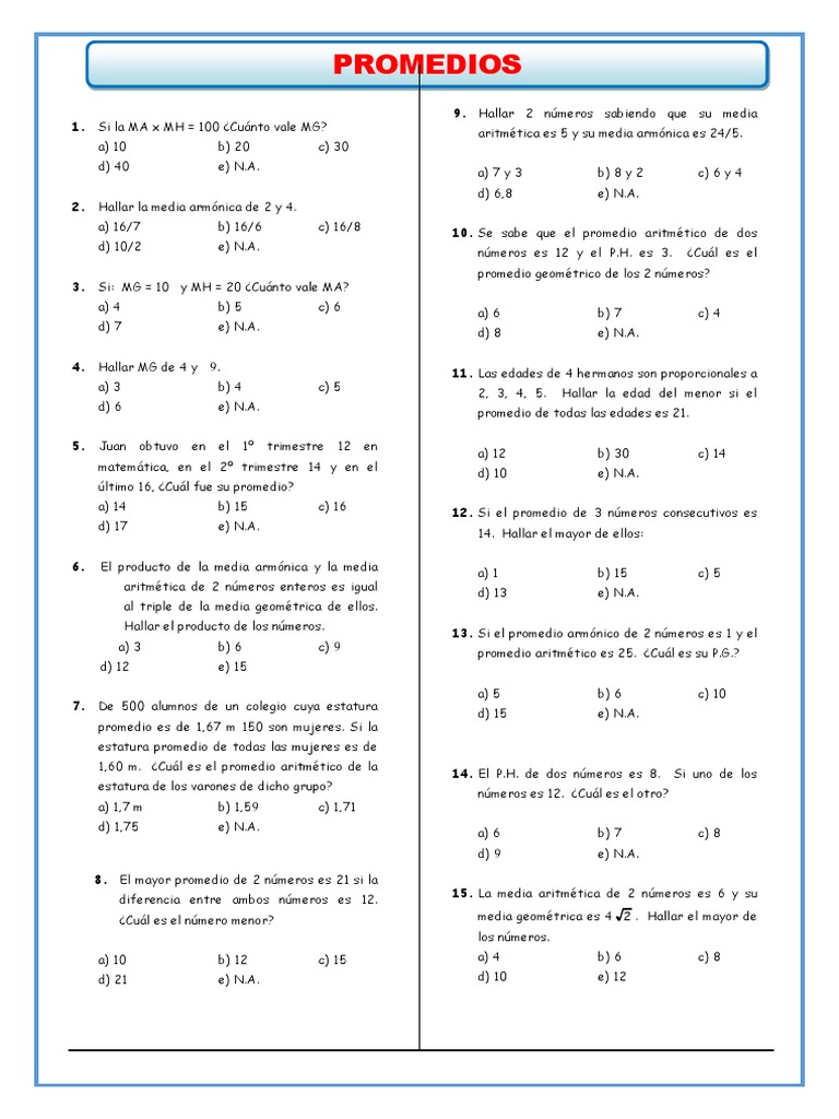 Ficha de Promedios | PDF | Aritmética | Matemáticas