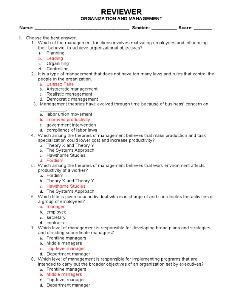 Organization and Management Answer Key | PDF | Entrepreneurship | Employment