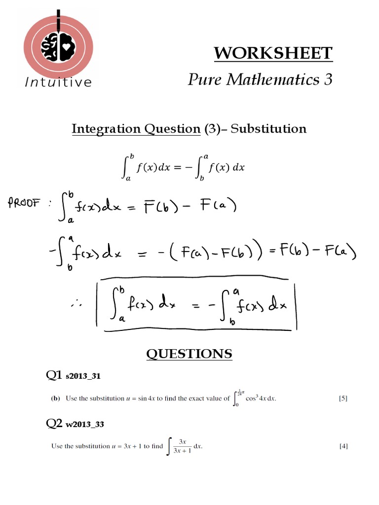 WORKSHEET - Integration Question (3) - Substitution | PDF