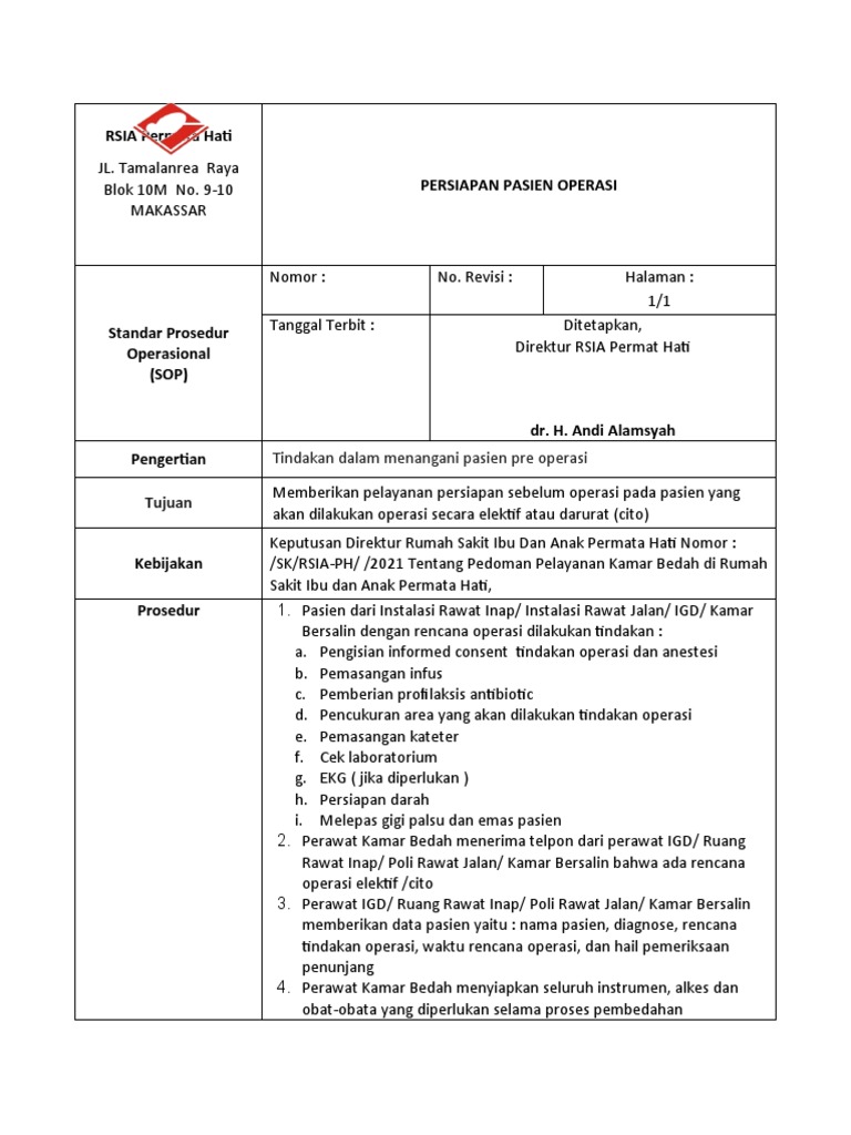 Sop Persiapan Pasien Operasi | PDF