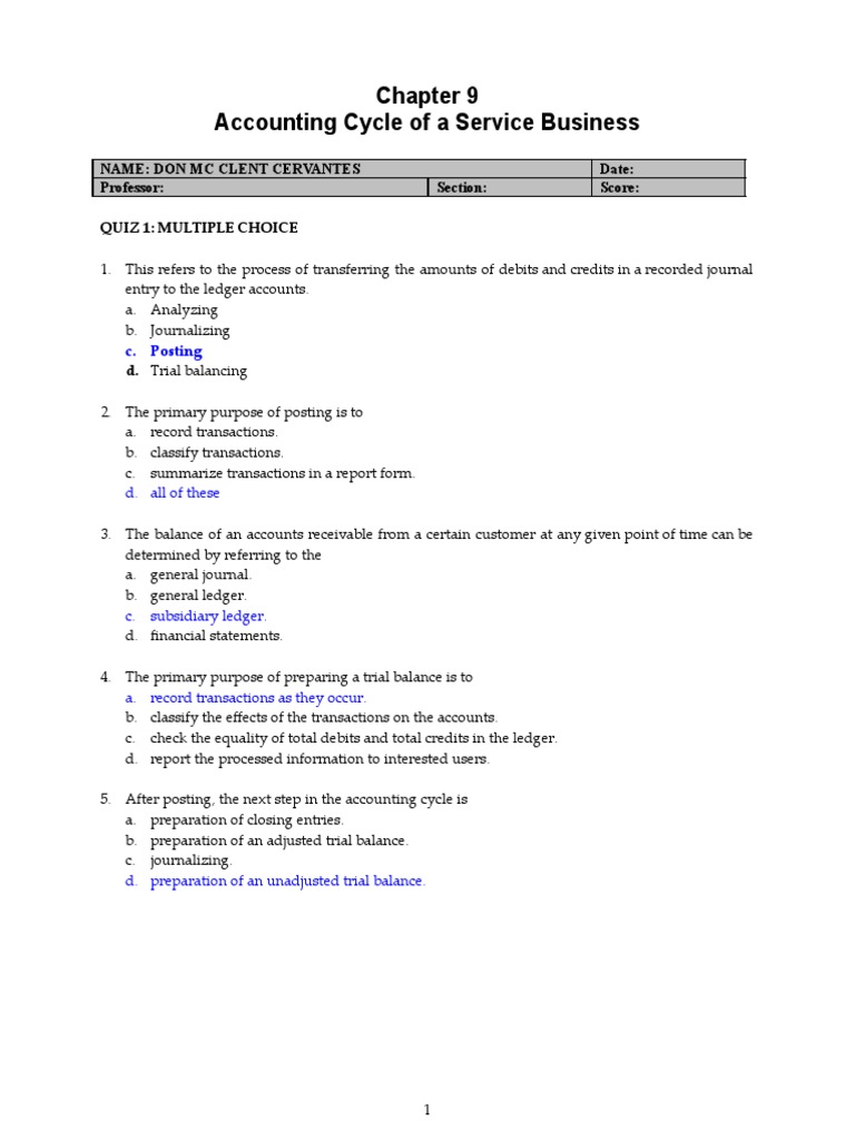 Accounting Cycle Quiz for Service Business | PDF | Debits And Credits ...