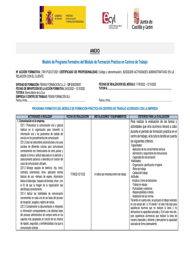Programa Formativo Del Módulo de Formación Práctica en Centros de ...