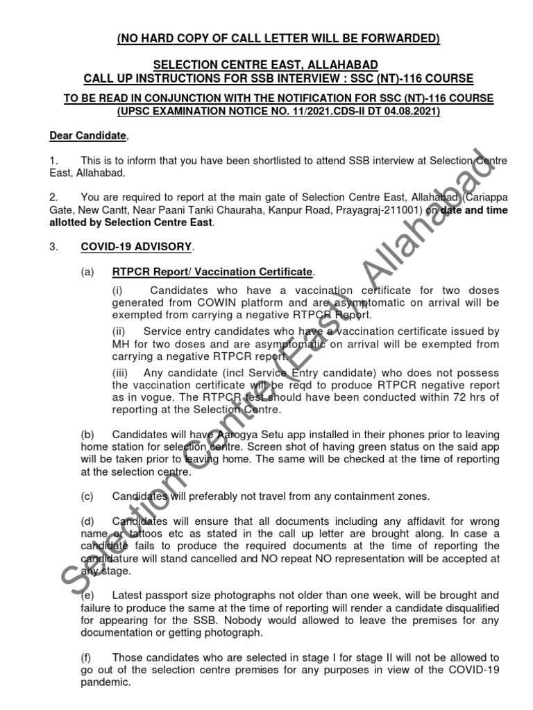 (No Hard Copy of Call Letter Will Be Forwarded) Selection Centre East ...