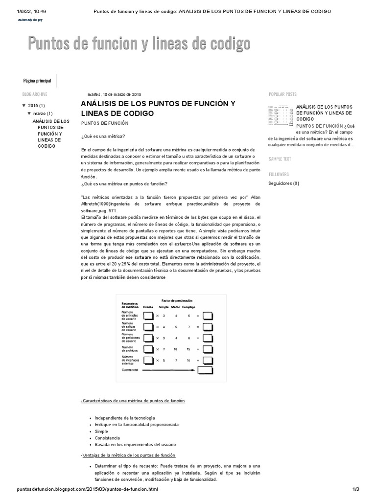 Puntos de Funcion y Lineas de Codigo - ANÁLISIS DE LOS PUNTOS DE ...