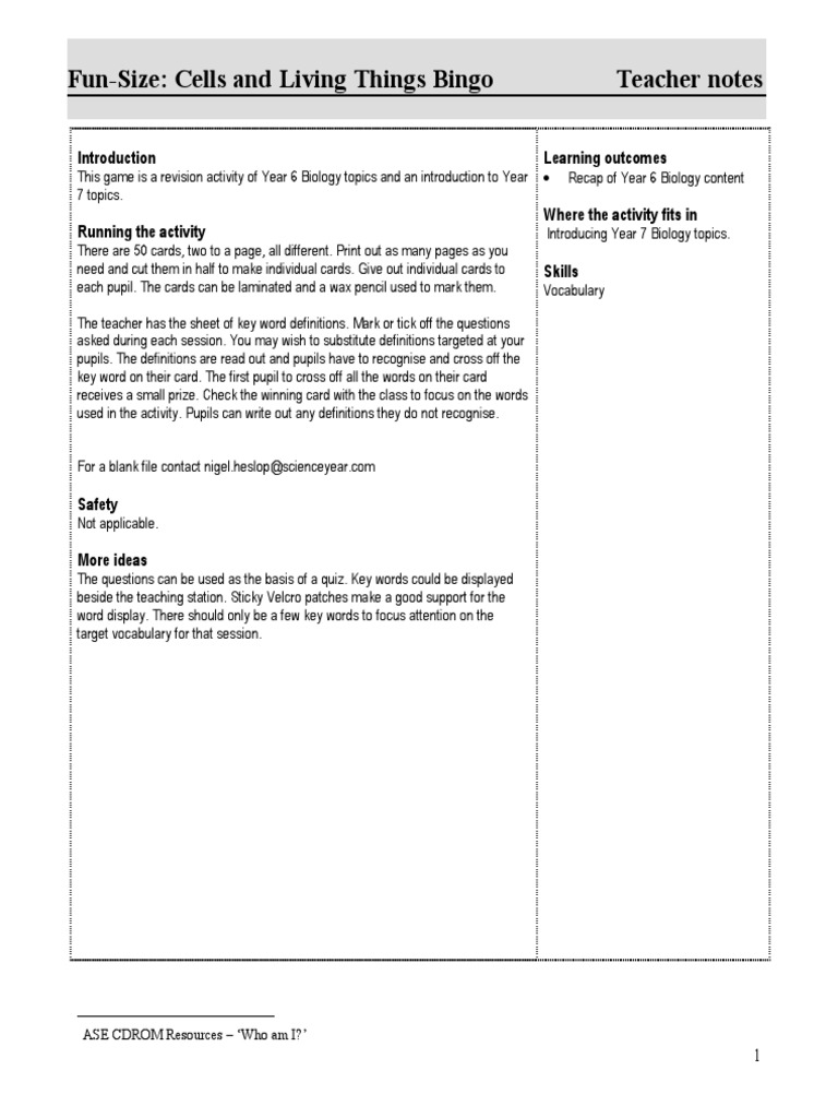 Fun-Size: Cells and Living Things Bingo Teacher Notes: Learning ...